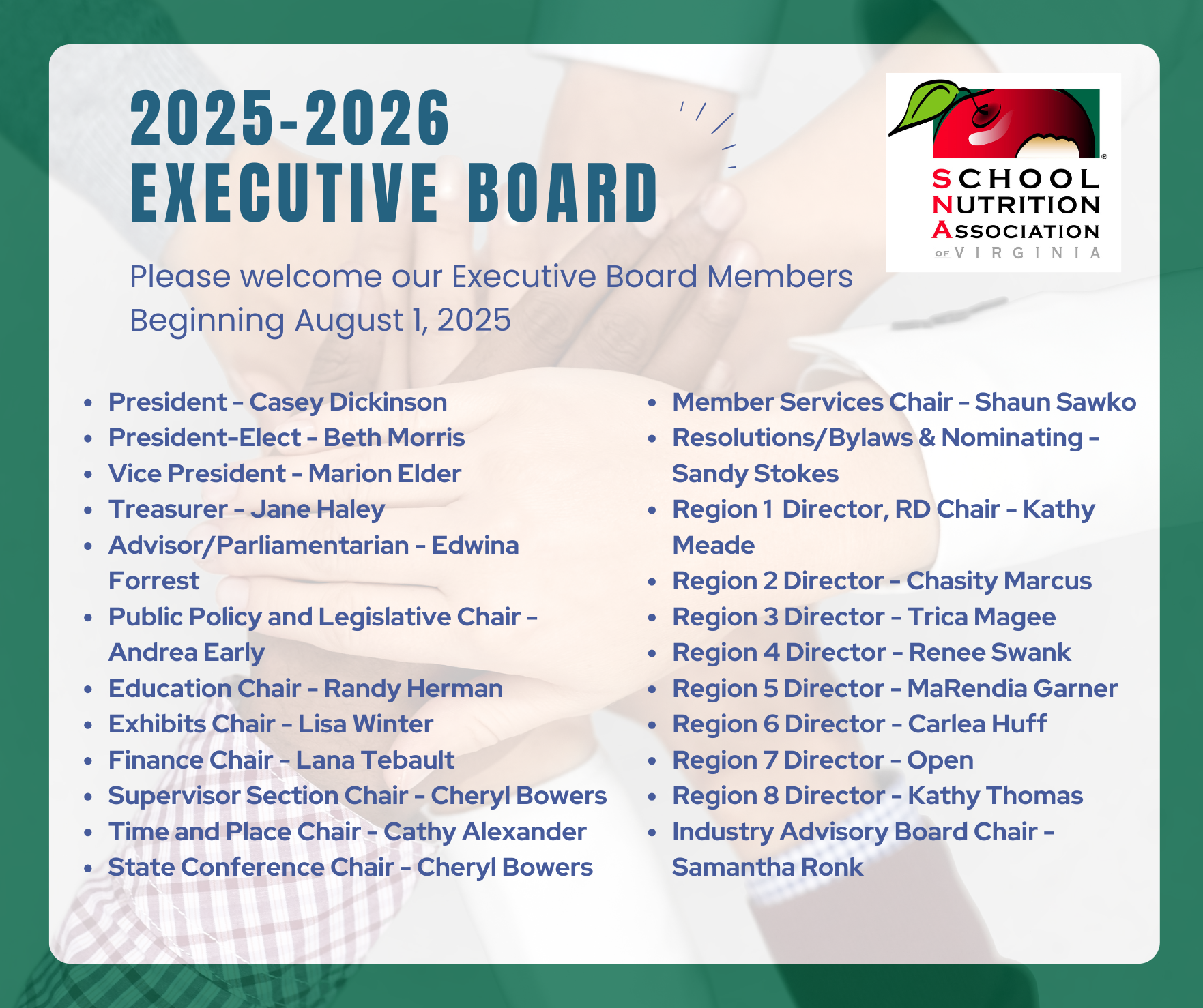 2025 2026 Executive Board Members School Nutrition Association Of
