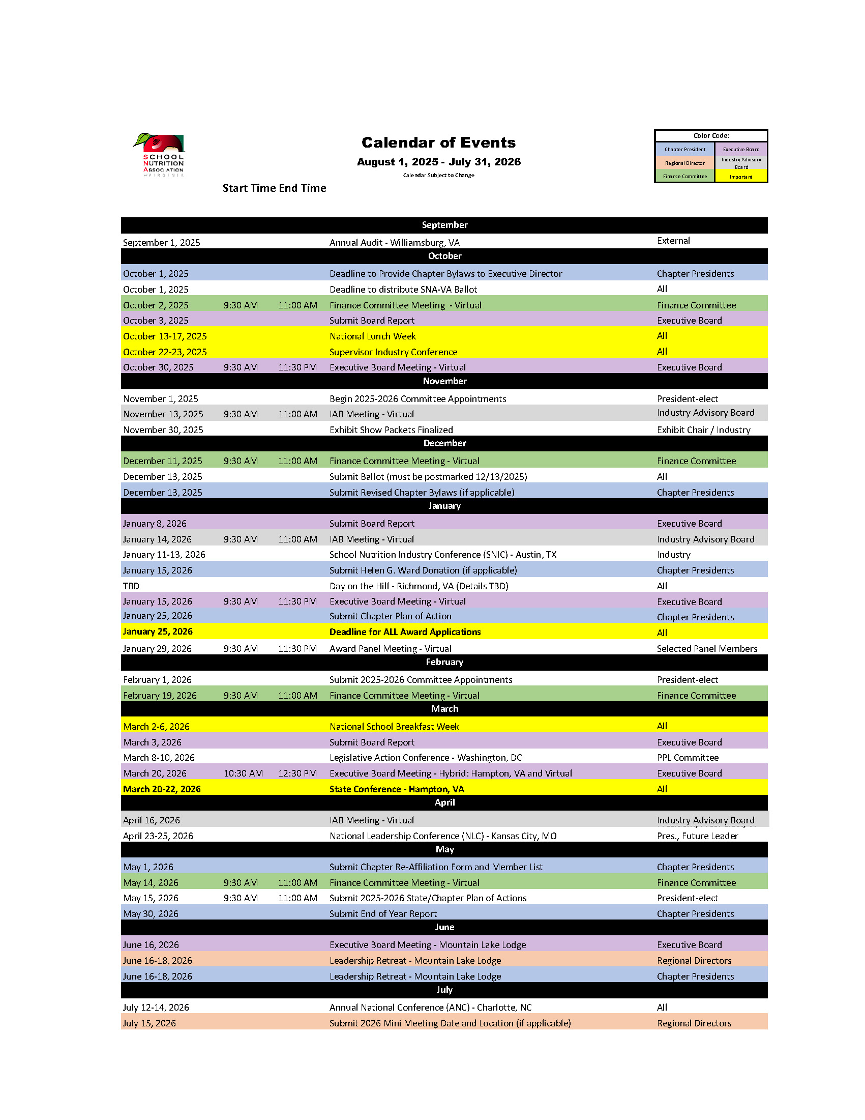 Annual Calendar | School Nutrition Association of Virginia